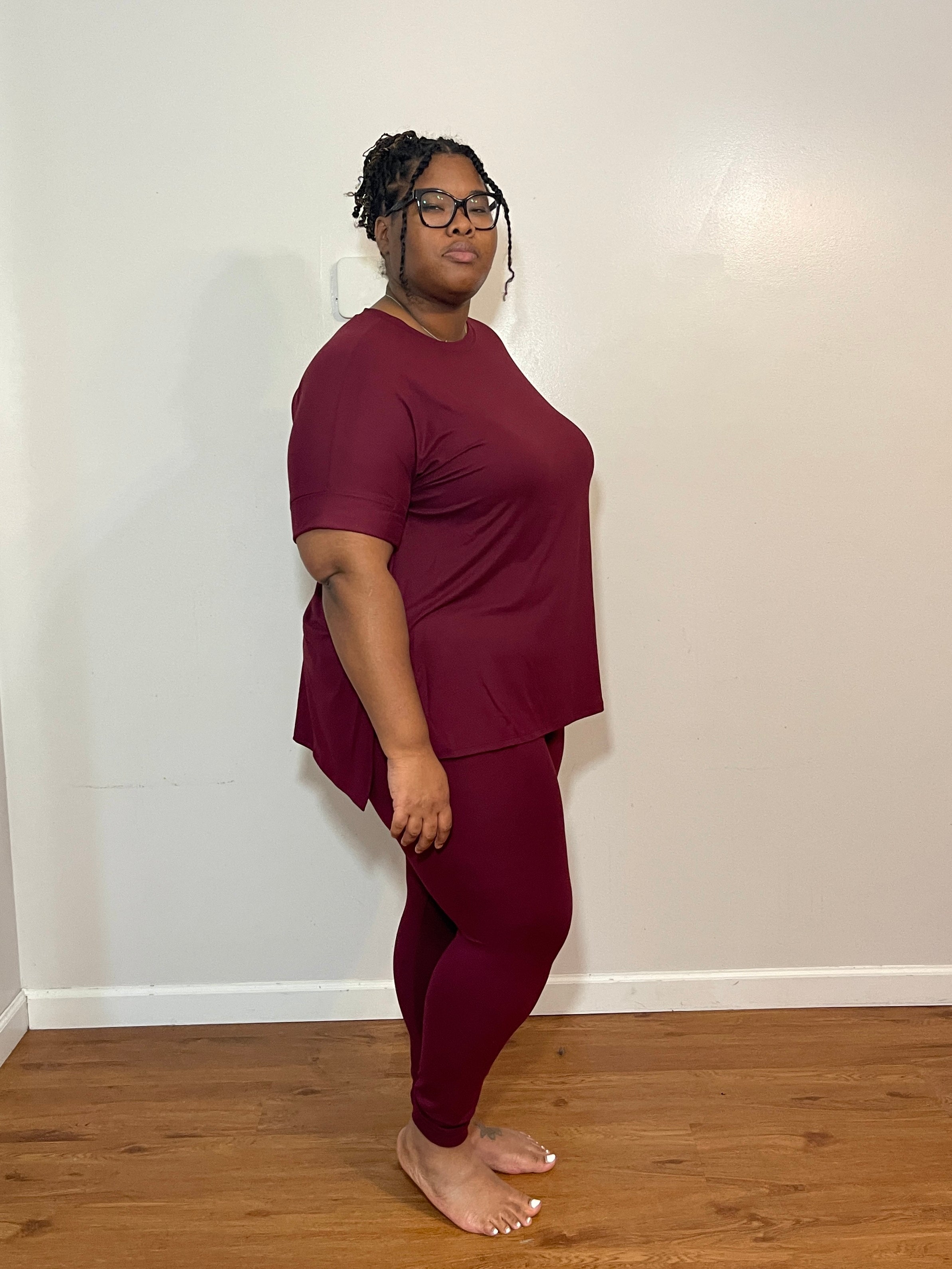 Plus Brushed Microfiber Crew Neck Legging Set Dark Burgundy P Amor Collections